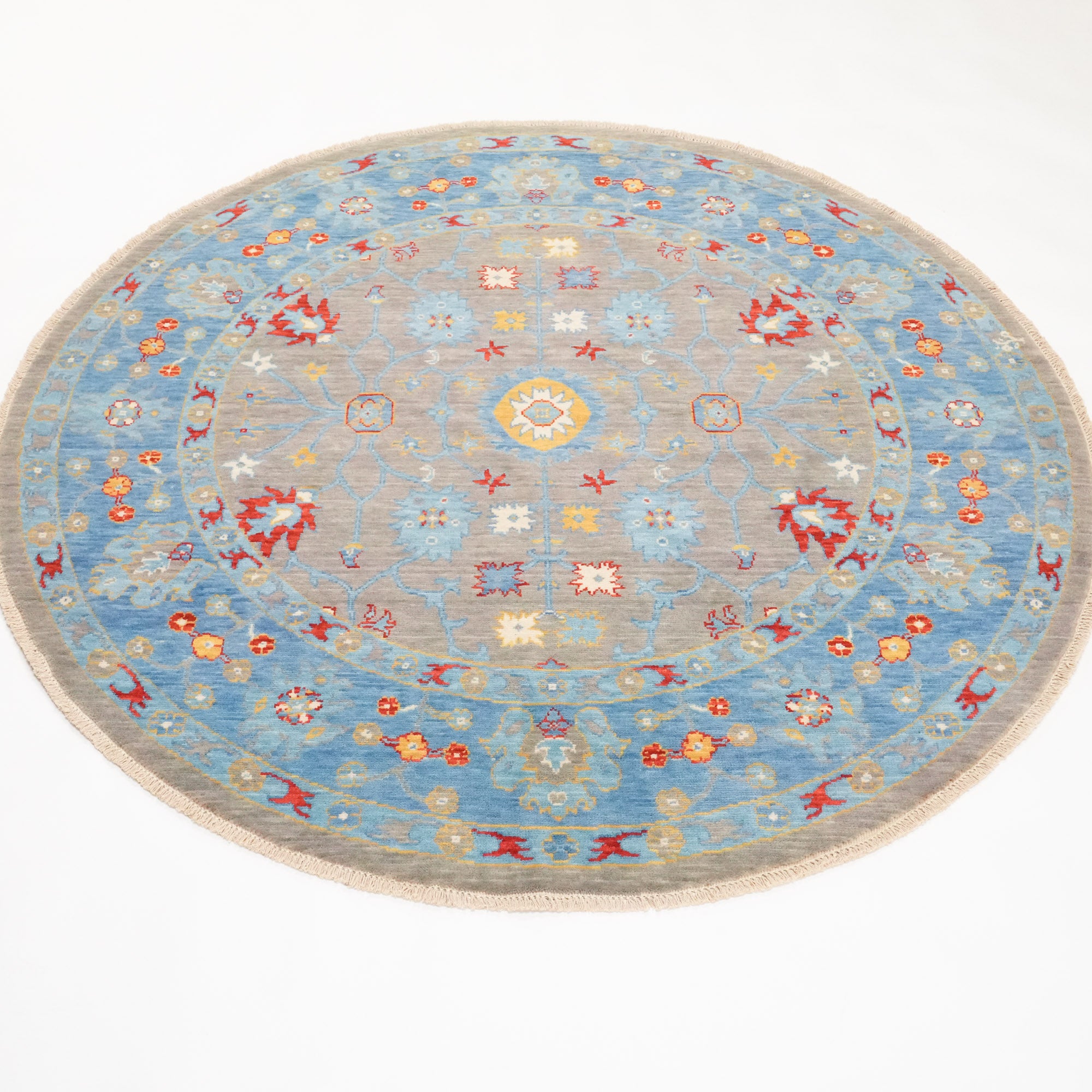 Tempus Series Uşak Patterned Gray/Blue Wool Round Loom Woven Rug