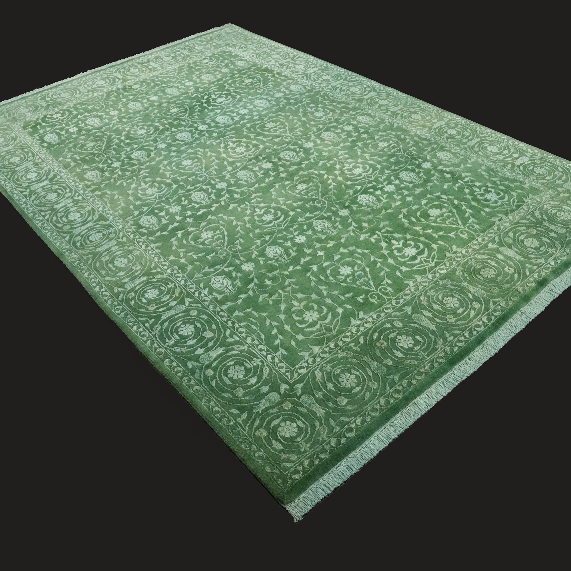 Hand-Woven Floral Patterned Green Wool Carpet