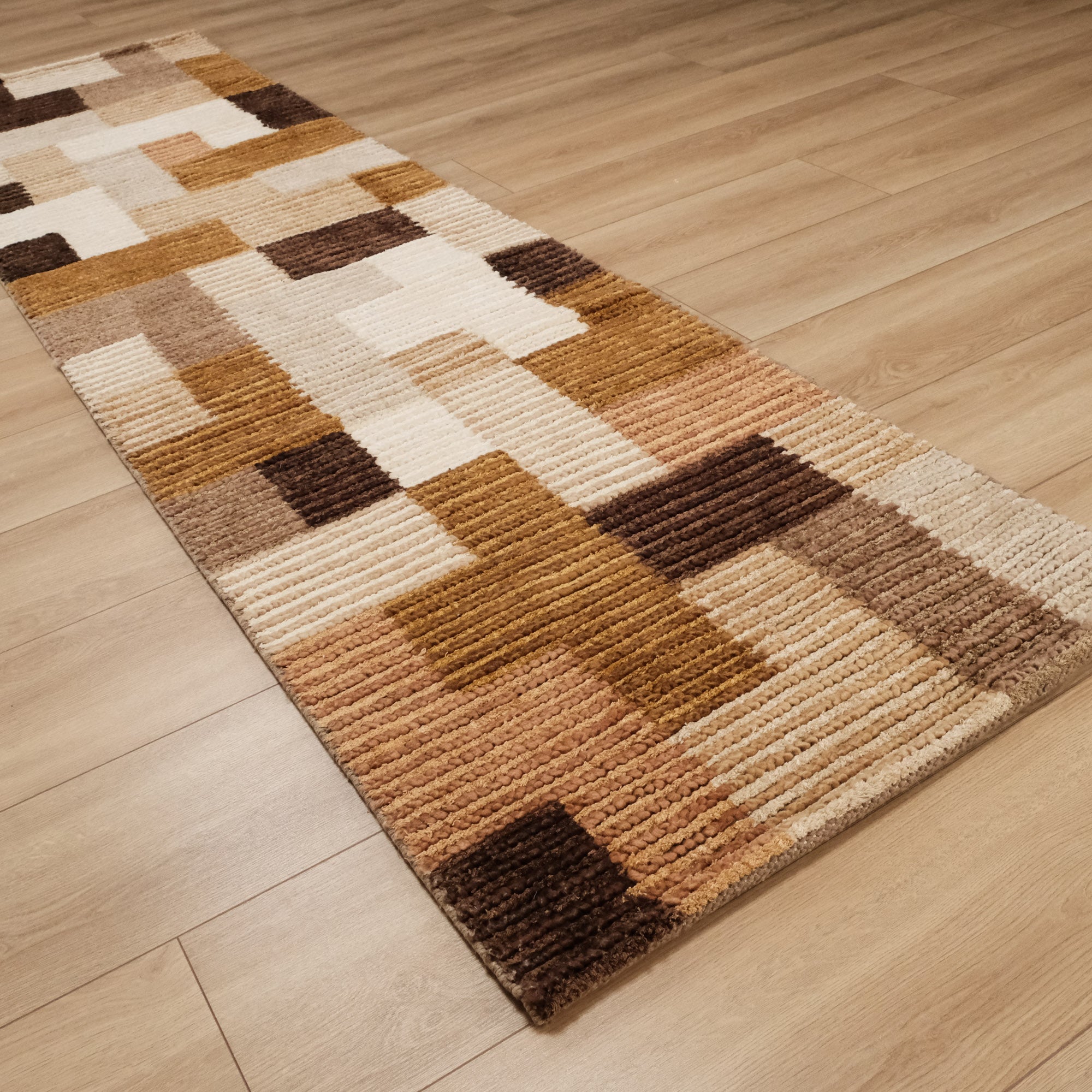 Hand-Woven Patchwork Patterned Brown Carpet