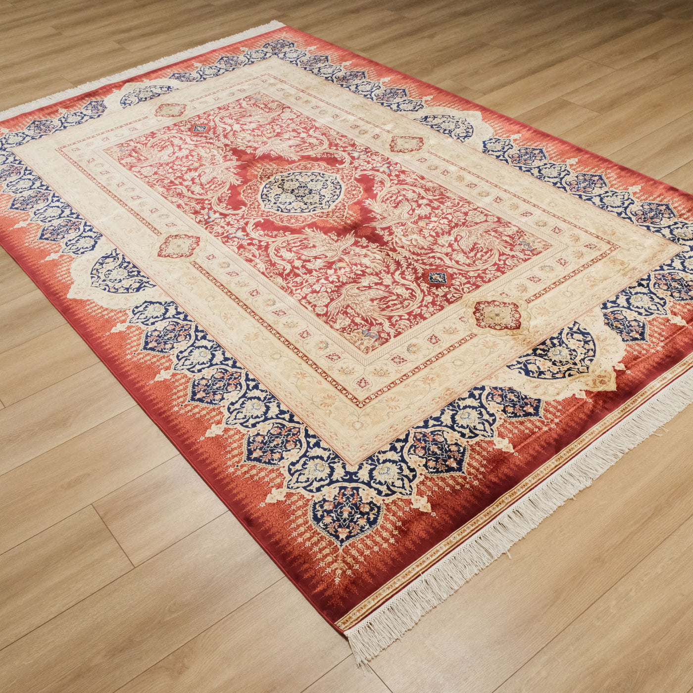 Red Classic Viscose Carpet with Machine Woven Frame Pattern
