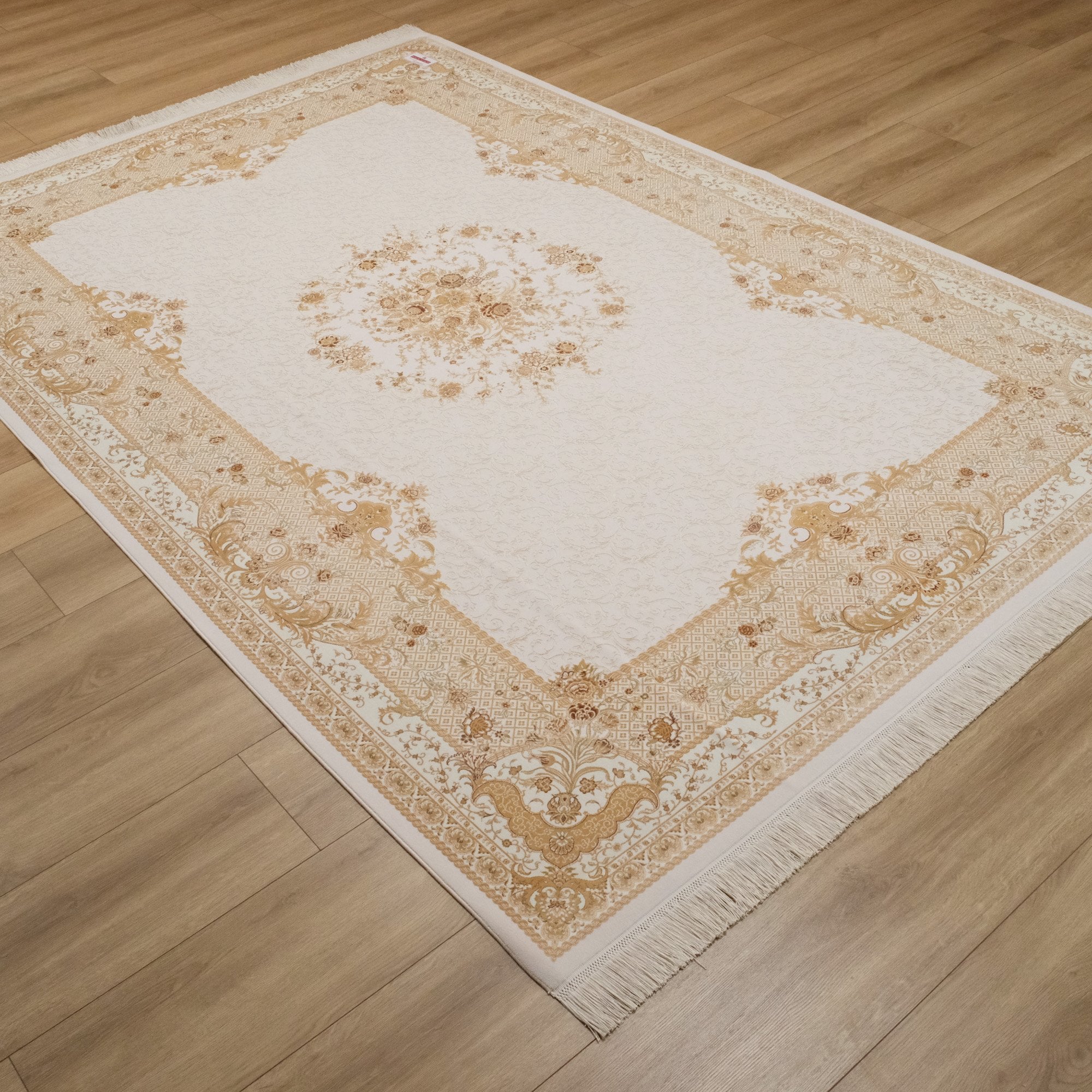 Machine Woven Frame Patterned Cream Bamboo Acrylic Carpet