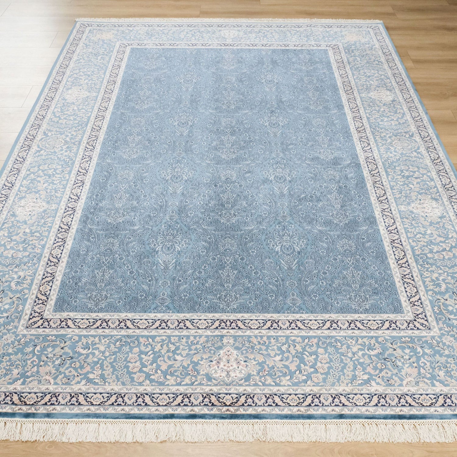 Classic Navy Blue Carpet with Machine Woven Silk Frame Pattern – HALICIZADE