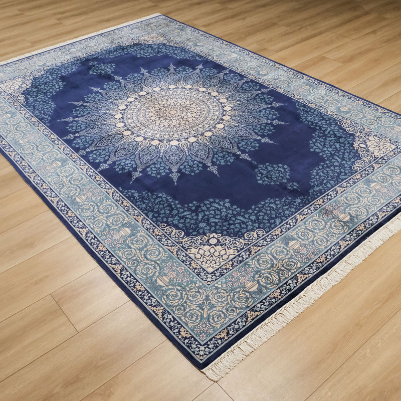 Machine Woven Silk Fringed Framed Pattern Navy Blue Rug