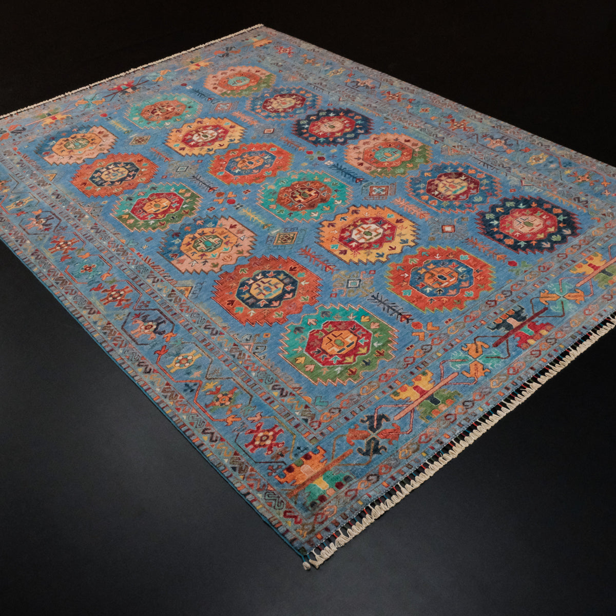 Shahzade Series Hand-Woven Anatolian Patterned Wool Blue Carpet ...