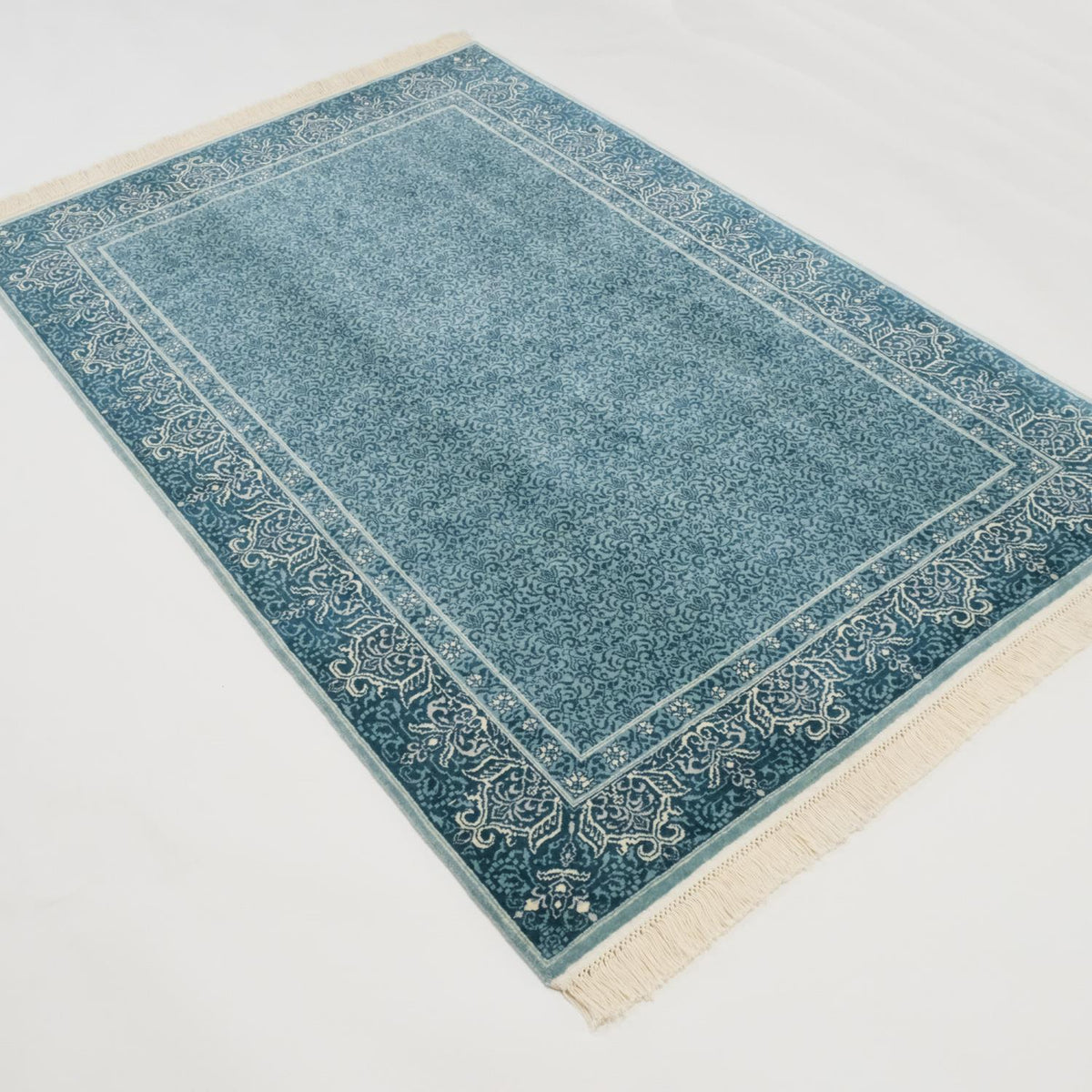 Hand-Woven Frame Patterned Blue Wool Carpet
